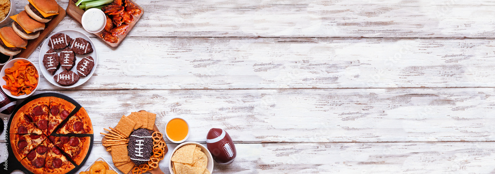 Super Bowl or football theme food corner border. Pizza, hamburgers ...