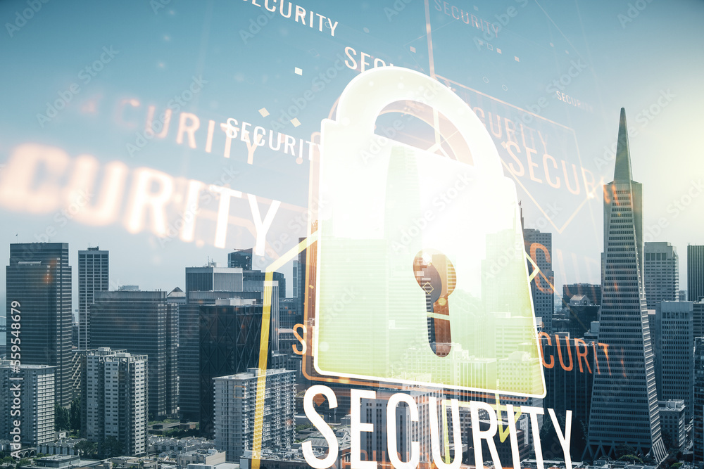 Virtual creative lock symbol and microcircuit illustration on San ...