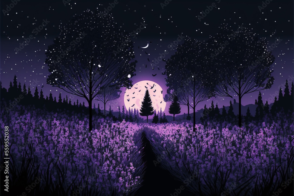 An illustration of a tranquil field of lavender on a moonlight night ...