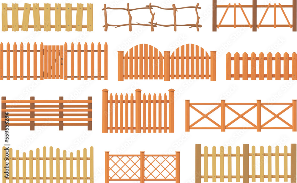 Wooden enclosures. Wood fence, timber palisade garden railing cartoon ...