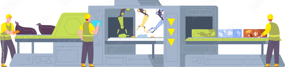 Garbage sorting conveyor. Workers of facility waste recycling, sorting ...