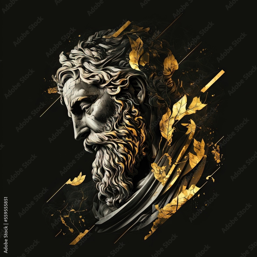 Un homme stoïcien grec, statue, sculpture, mix aux accents dorés et ...