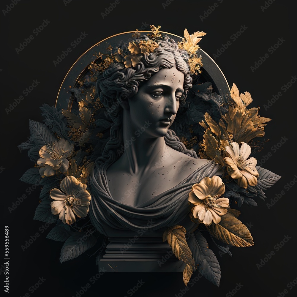 Une personne stoïque avec une couronne de fleurs, mélange d'accents d ...