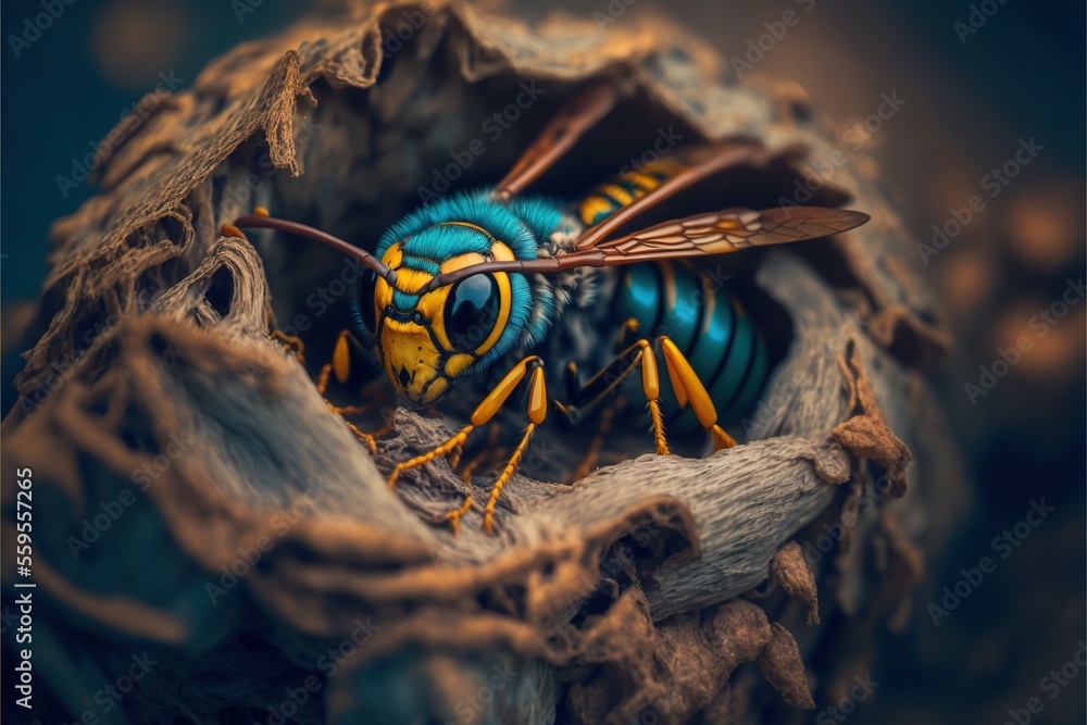 a blue and yellow insect sitting in a nest of wood and dirt with a ...