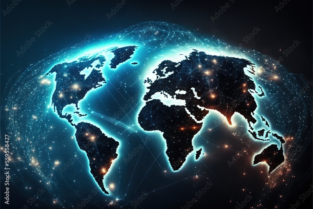 a blue and black world map with lights on it's sides and a black ...