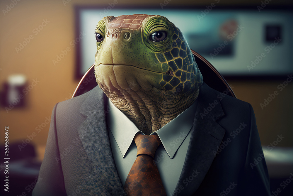 Portrait of turtle in a business suit, at the office, generative ai ...