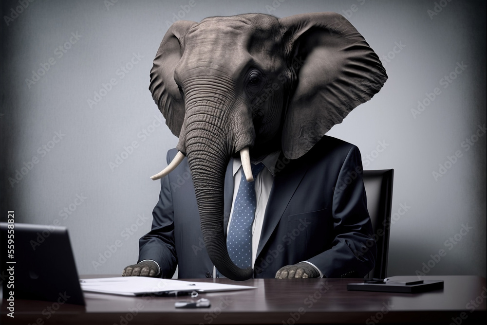 Portrait of elephant in a business suit, at the office, generative ai ...