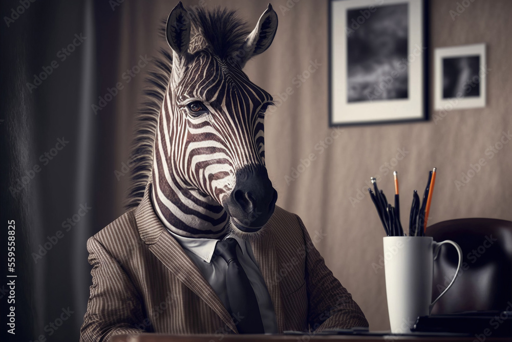 Portrait of zebra in a business suit, at the office, generative ai ...
