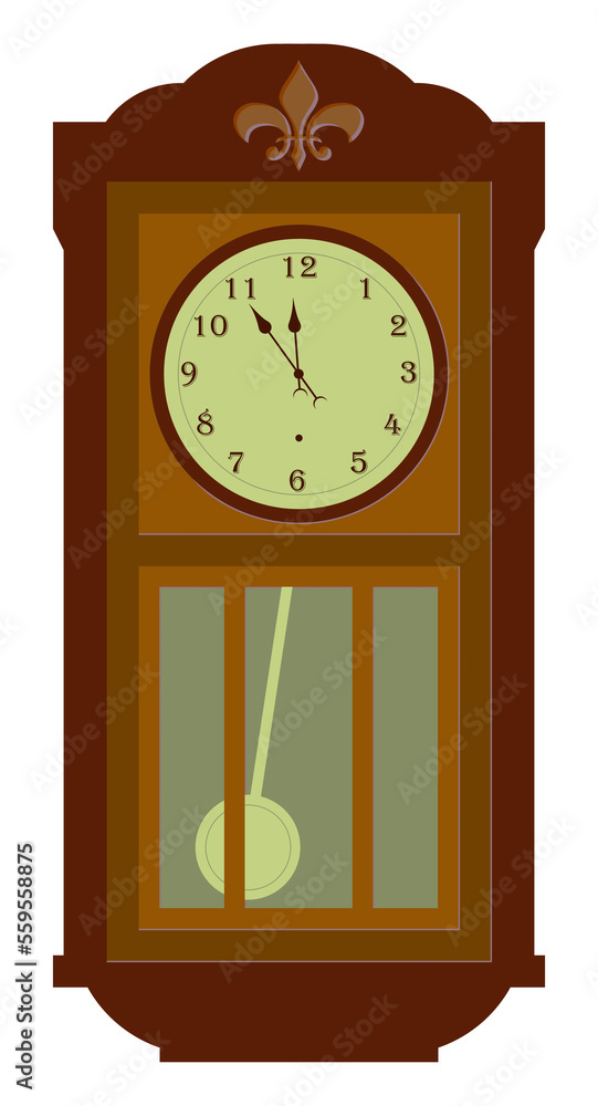 Old vintage wall hanging clock with wood carved decoration isolated on ...