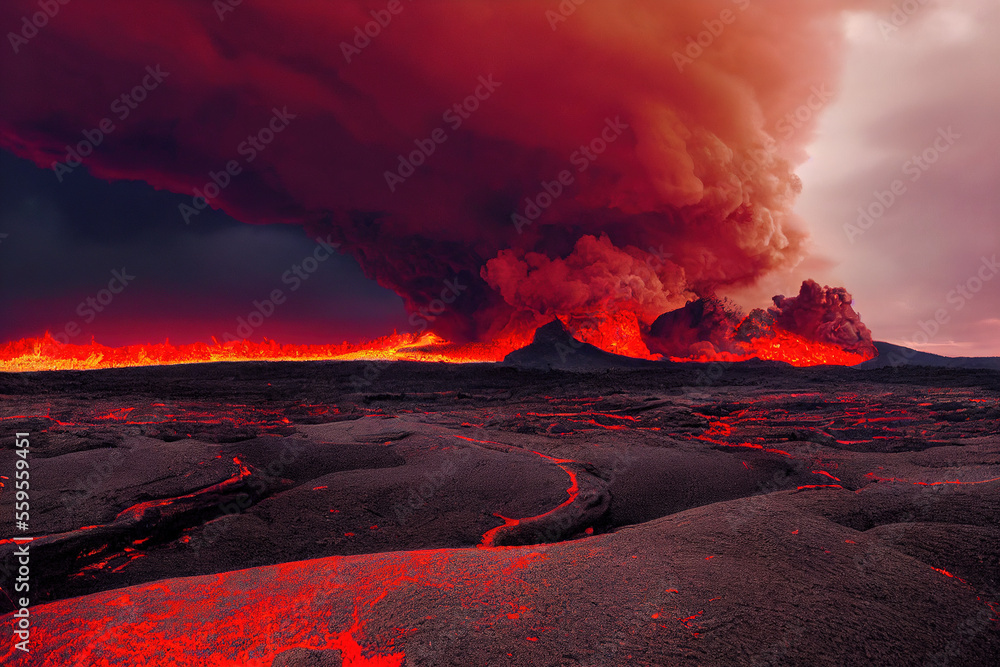 Lava field with volcano eruption in the background and clouds ...