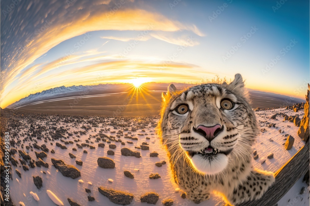 a snow leopard is looking at the camera with a sunset in the background ...