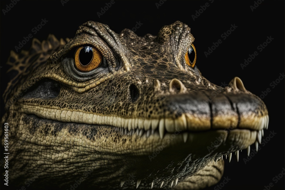 a close up of a crocodile's face with a black background and a black ...