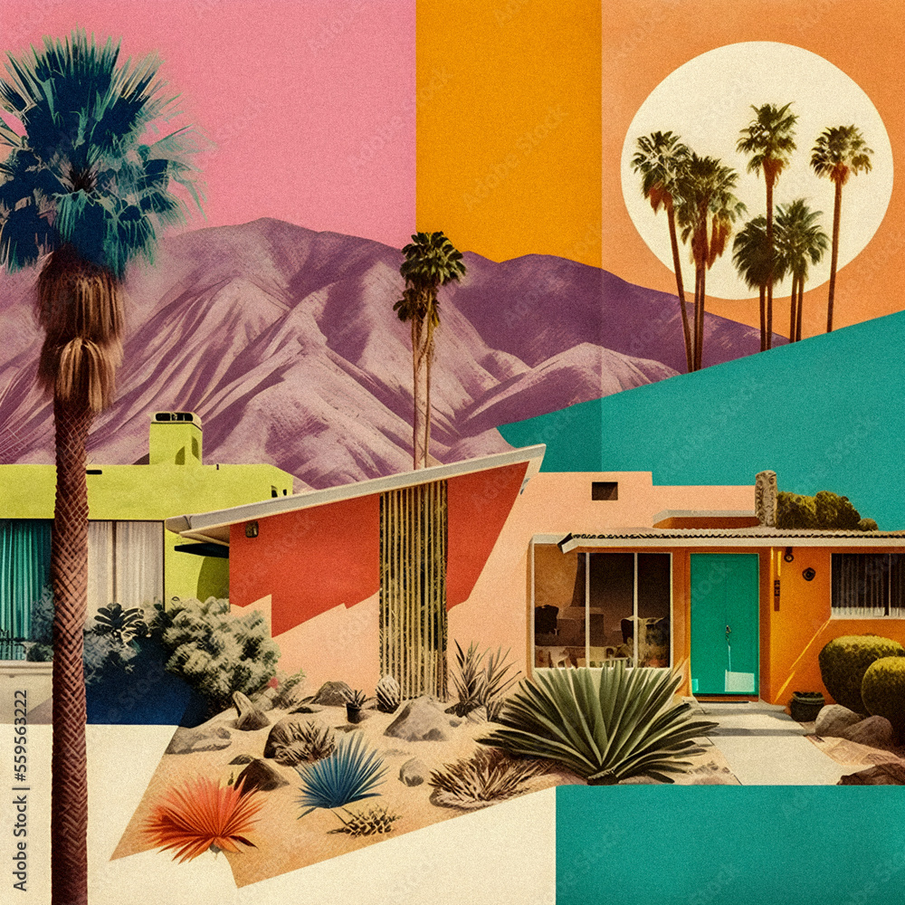 Retro collage, Miami palms and house style illustration, granular ...