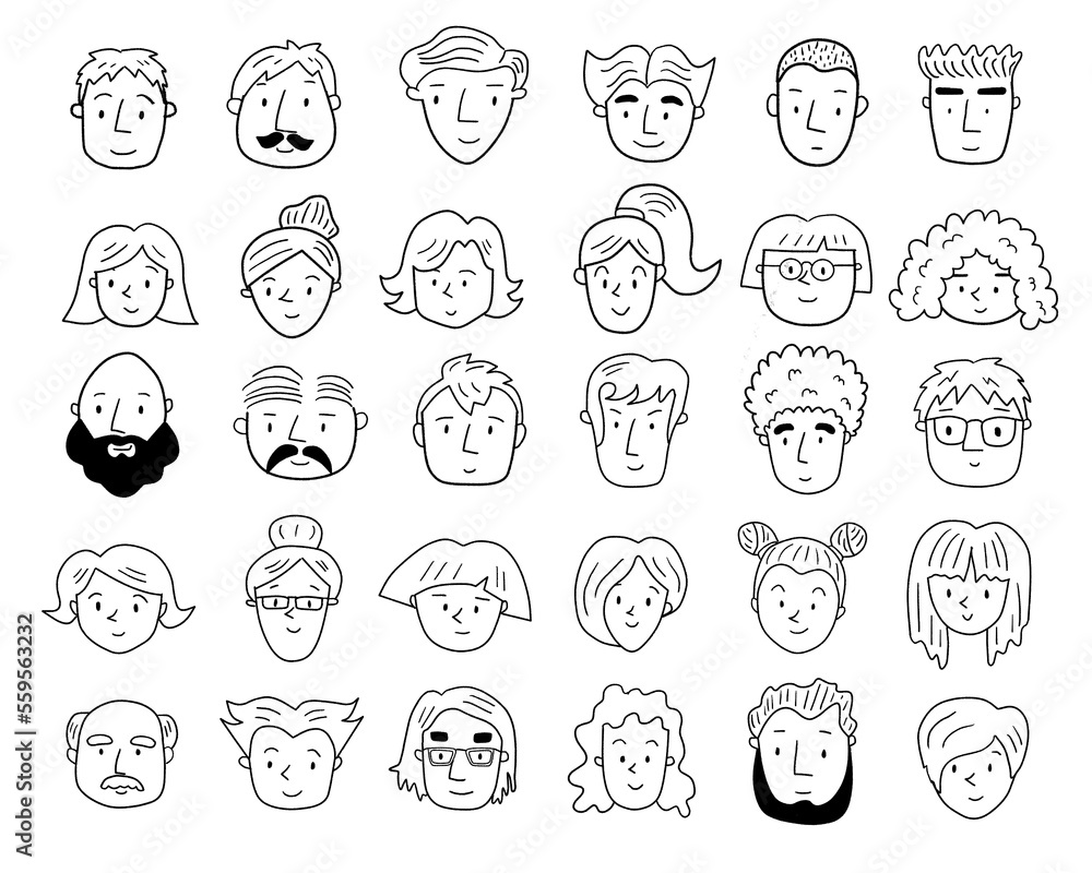 Hand drawn face images in simple black and white doodle style. Hand ...