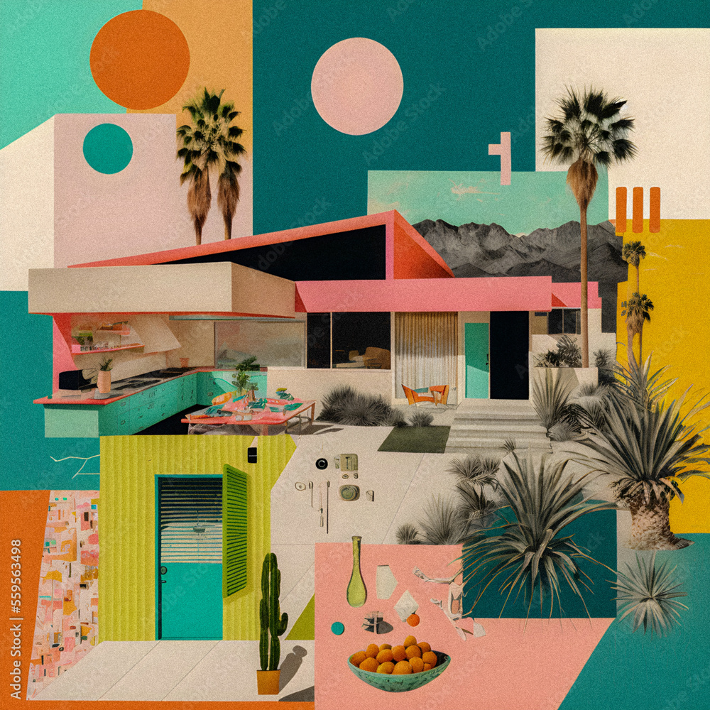 Retro collage, Miami palms and house style illustration, granular ...
