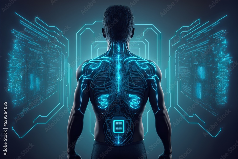 a man with a futuristic back and glowing blue lights in the background ...