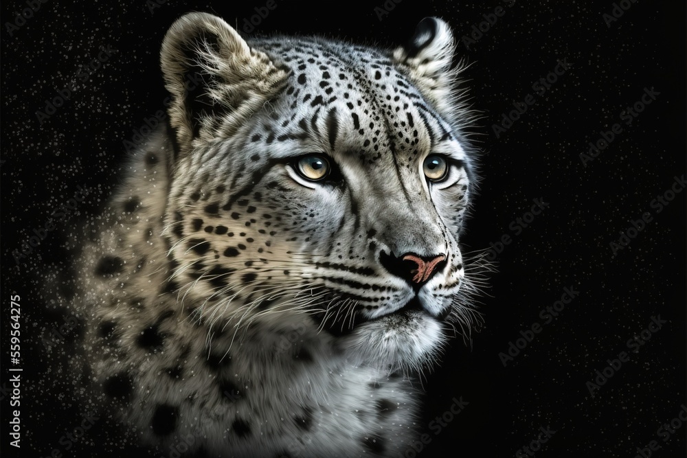 a close up of a snow leopard's face with a black background and stars ...