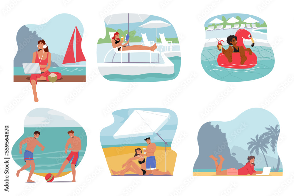 Set Of People Relax On Beach Resort. Relaxed Male And Female Characters ...