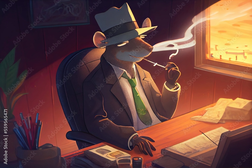 A rat wearing a suit and hat sitting at a desk working his remote job ...