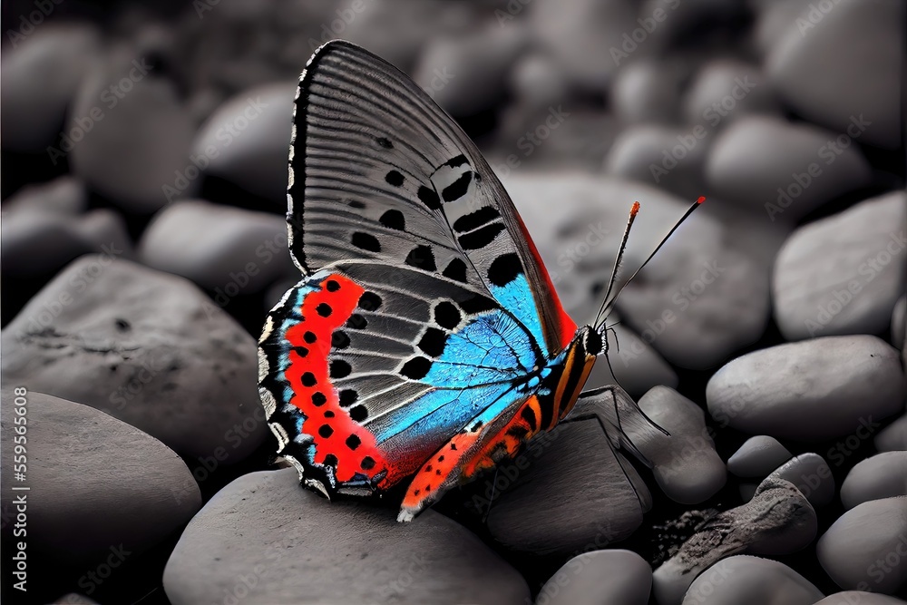 Selective color image of a bright and vibrant butterfly on grayscale ...
