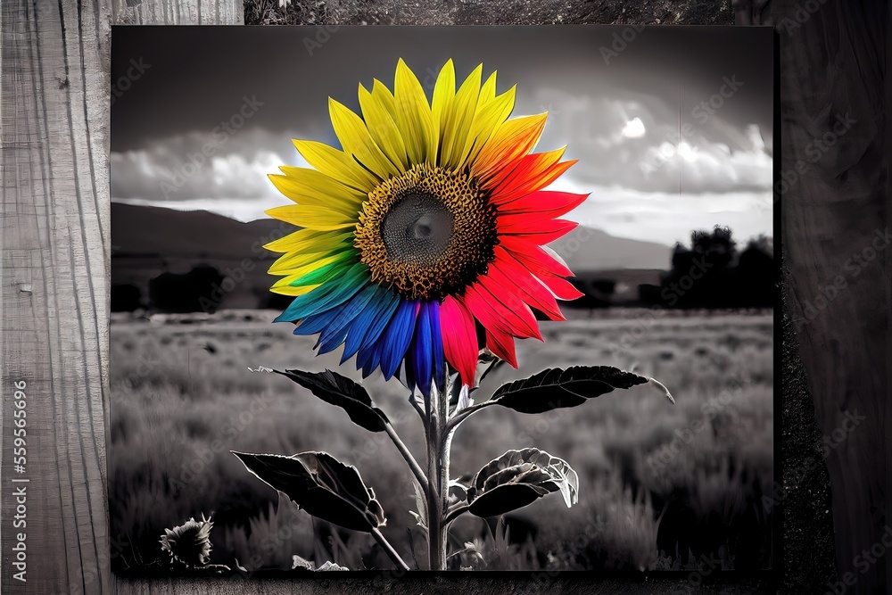 Selective color image of a bright and vibrant sunflower on grayscale ...
