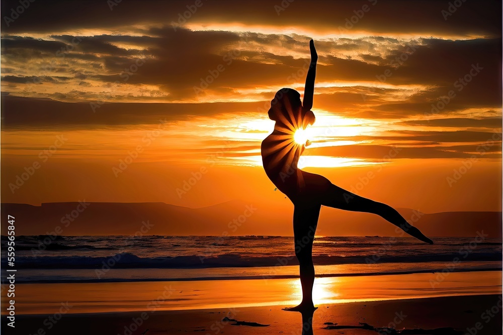 Yoga on the Beach During Sunset - 2D cel animation style drawing of a ...