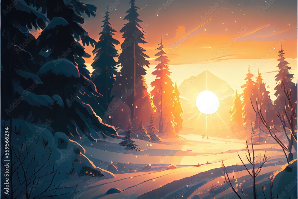 Winter Sunset - snow-covered idyllic winter scene. Natural forest and ...