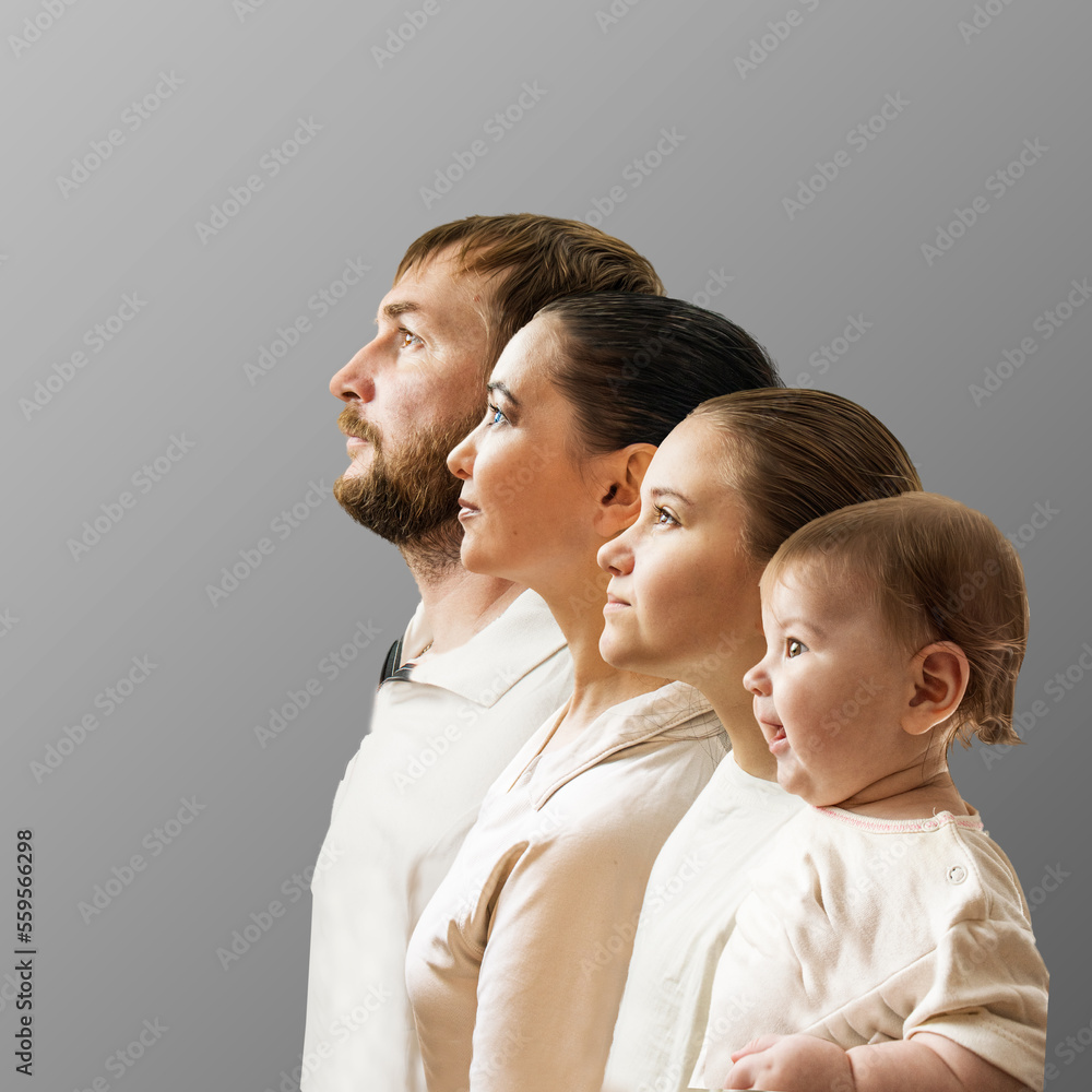 family portrait in profile, two generations, father, mother, daughter ...