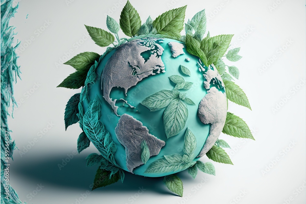 a blue earth with leaves and flowers on it's surface, with a white ...