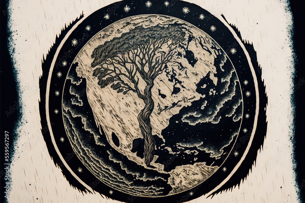 a drawing of a tree in a circle with stars and clouds around it, with a ...