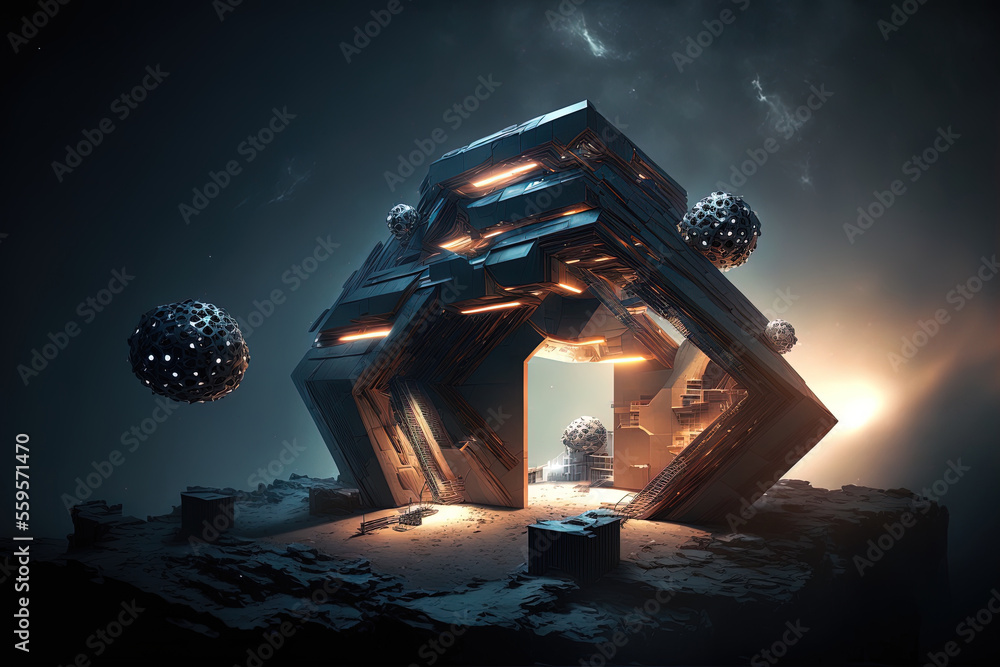 Futuristic sci-fi space architecture platform in the galaxy, neon light ...