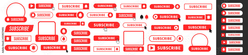 Subscribe button. Set of red subscribe button template. Cursor or hand ...