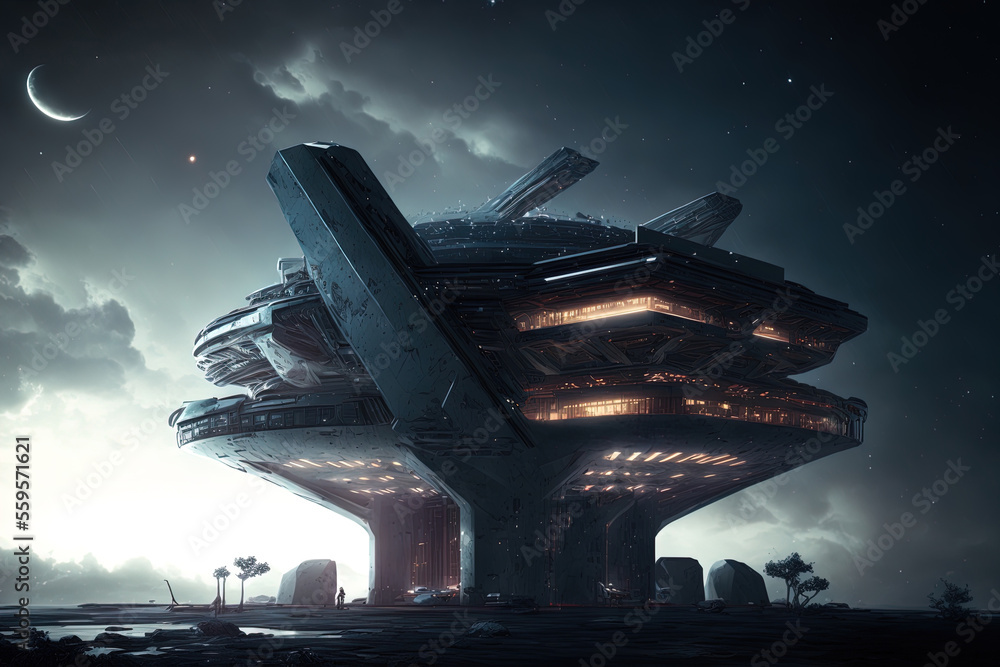 Futuristic sci-fi space architecture platform in the galaxy, neon light ...
