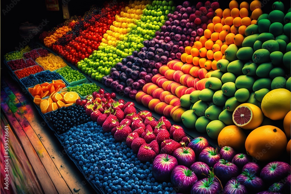 a rainbow of fruits and vegetables on display in a store window display ...