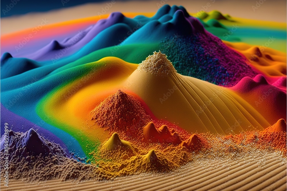 a rainbow colored desert with a rainbow colored mountain in the ...
