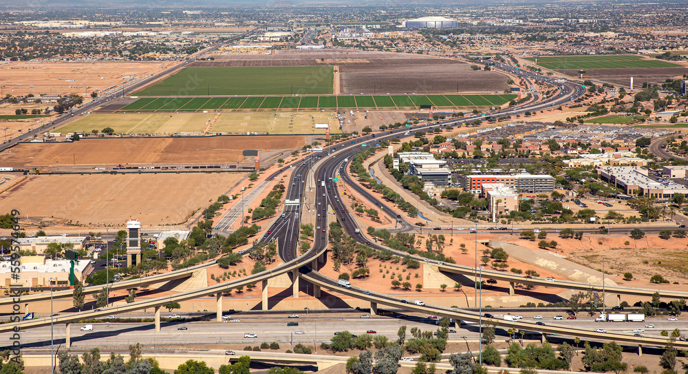 Interchange of the Loop 101 and Interstate 10, aerial lookng North ...