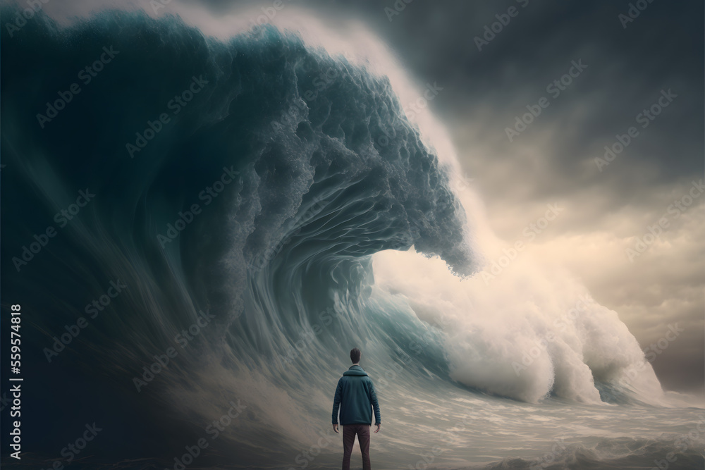 man standing in front giant wave storm, concept power of nature ...