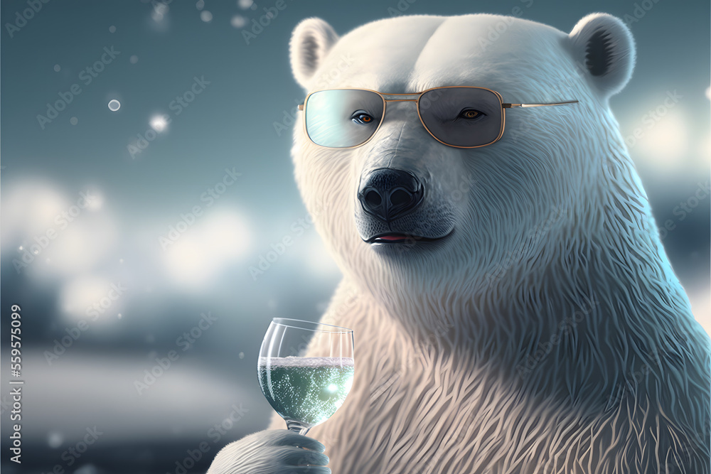 cool badass icebear with sunglasses, acting human like, with a glass in the hand, illustration ...
