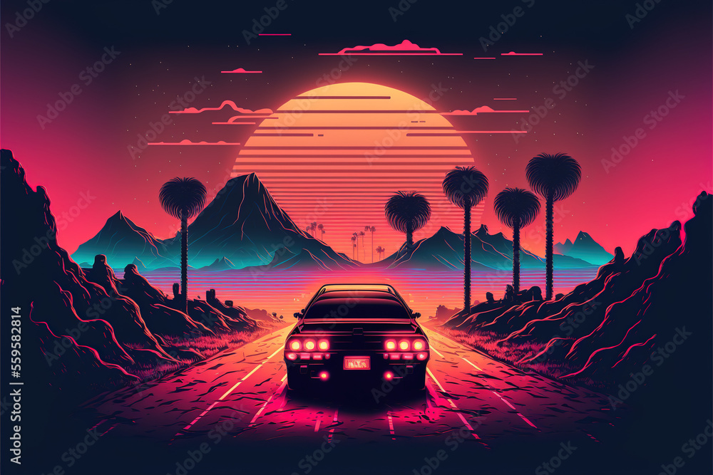 retro 80s synthwave background in neon colors, created with generative ...