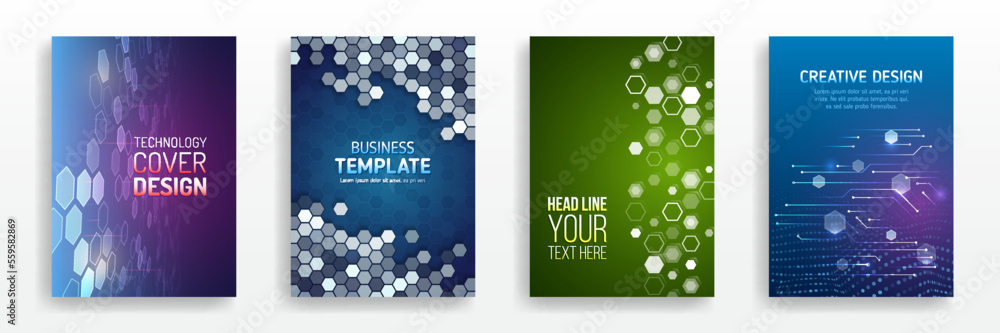 Brochure, flyer, book, annual report. Blue hi-tech vector illustrations ...
