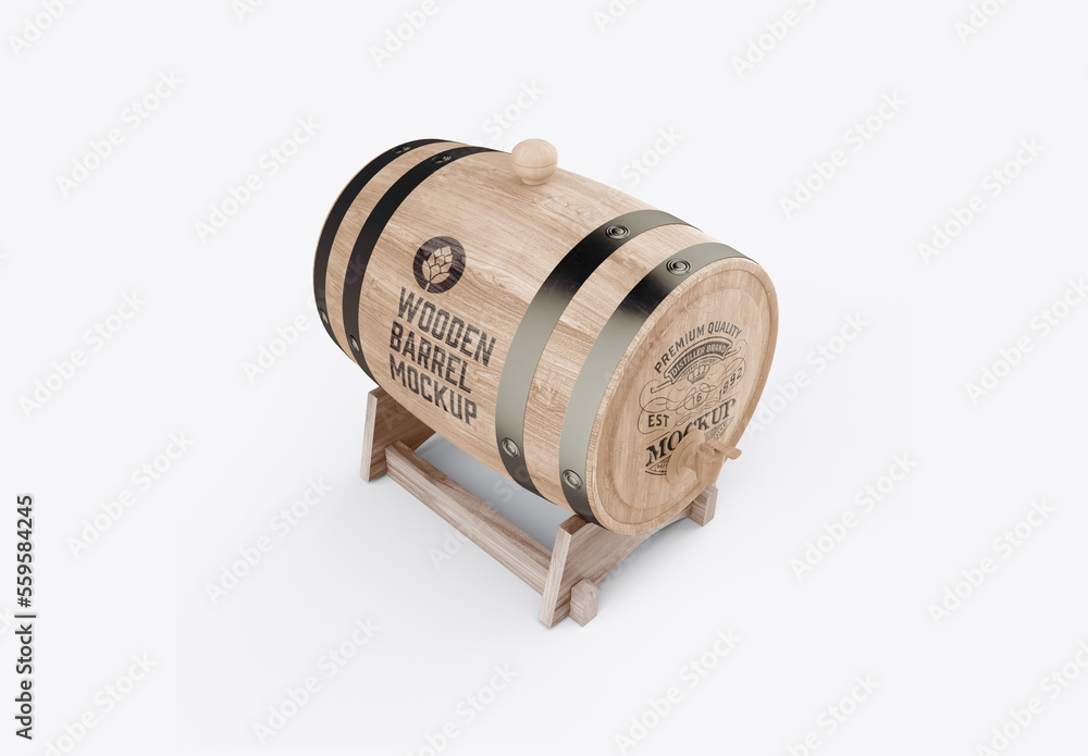 Wooden Barrel on Stand Mockup Stock Template | Adobe Stock