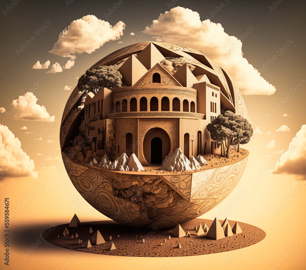 A golden sphere illuminating an Egyptian architecture rich in symbols ...