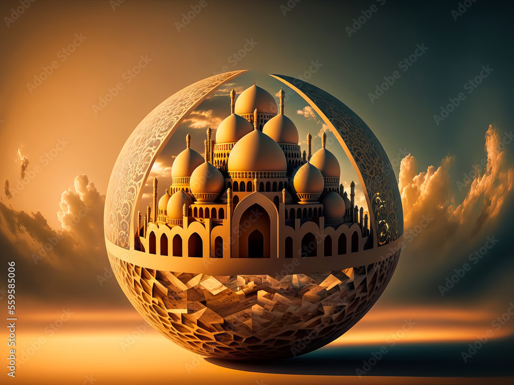 Beautiful sphere with golden tones surrounding a unique Islamic ...