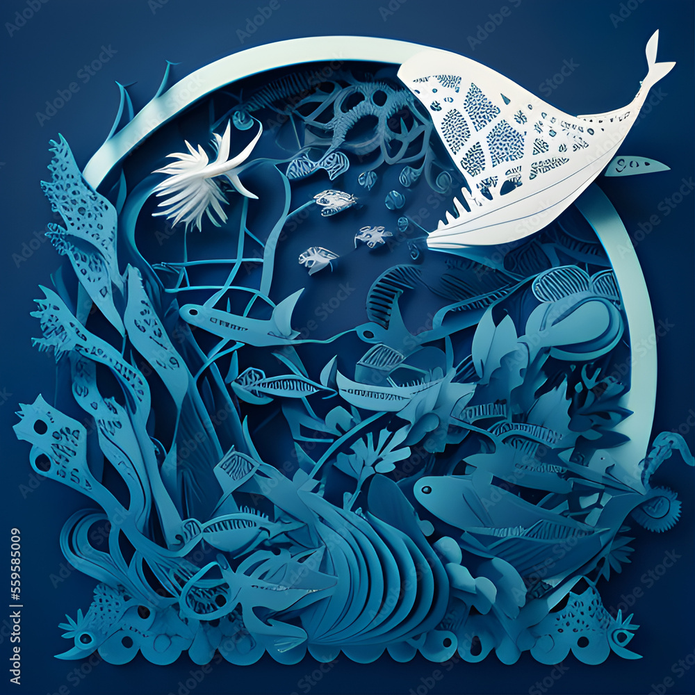 Marine Sea Diorama Papercut. Generative AI Illustration. Paper Origami ...