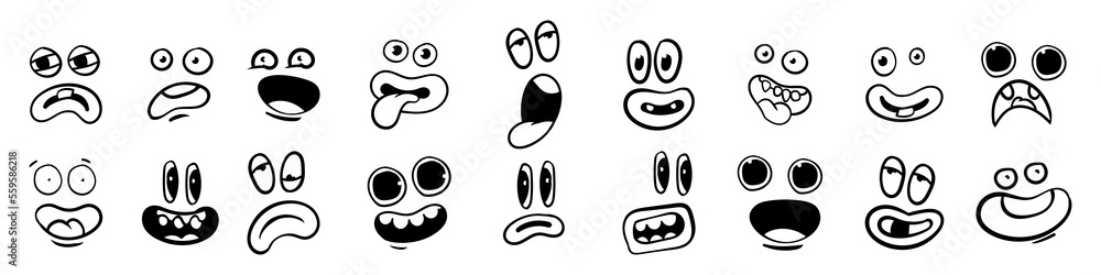 Funny emotions set. Cartoon face expression. Line art. Vector hand ...