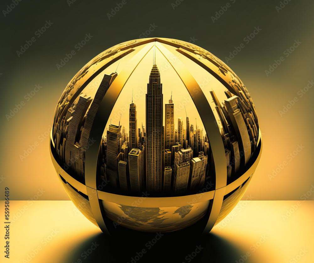Orbed map-like architectural sphere featuring NYC landmarks & Manhattan ...