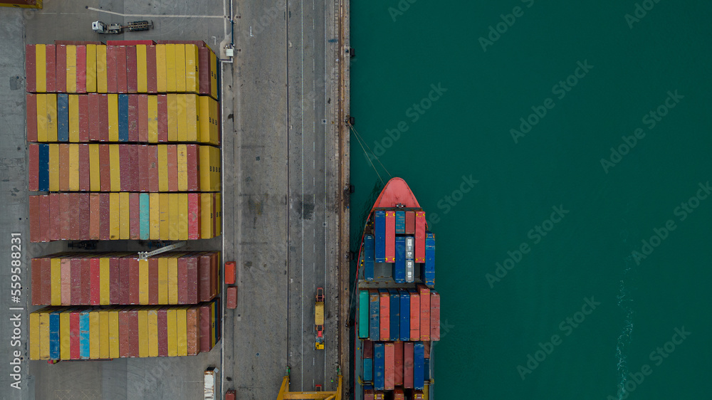 Container ship in industrial port in import, export trade logistic and ...