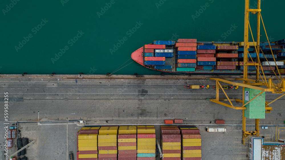 Container ship in industrial port in import, export trade logistic and ...