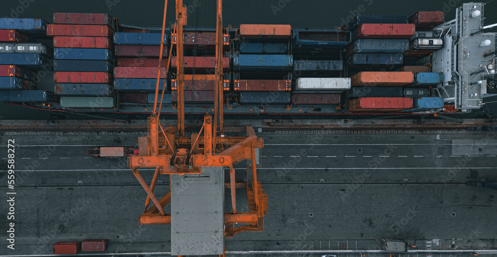 Container ship in industrial port in import, export trade logistic and ...