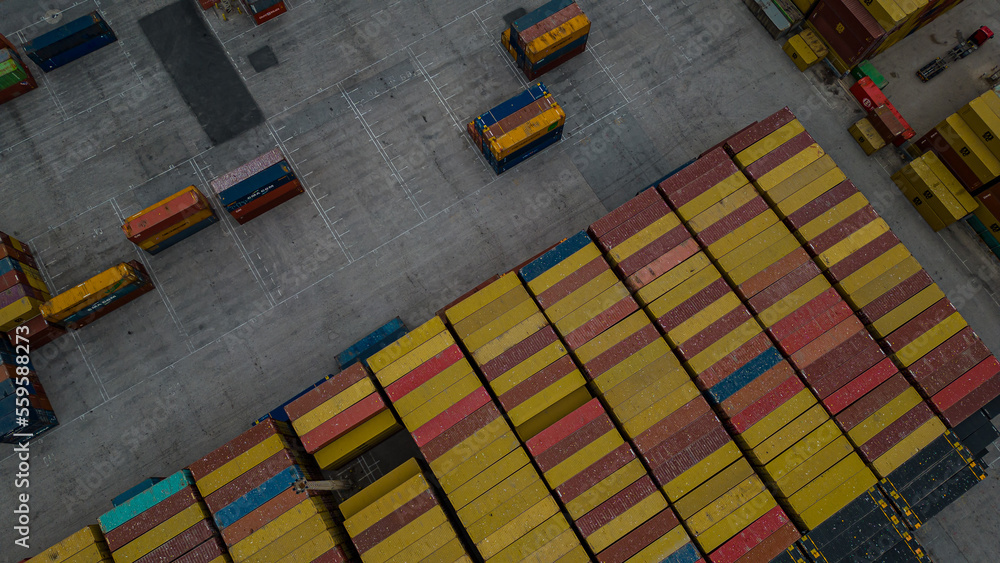 Container ship in industrial port in import, export trade logistic and ...